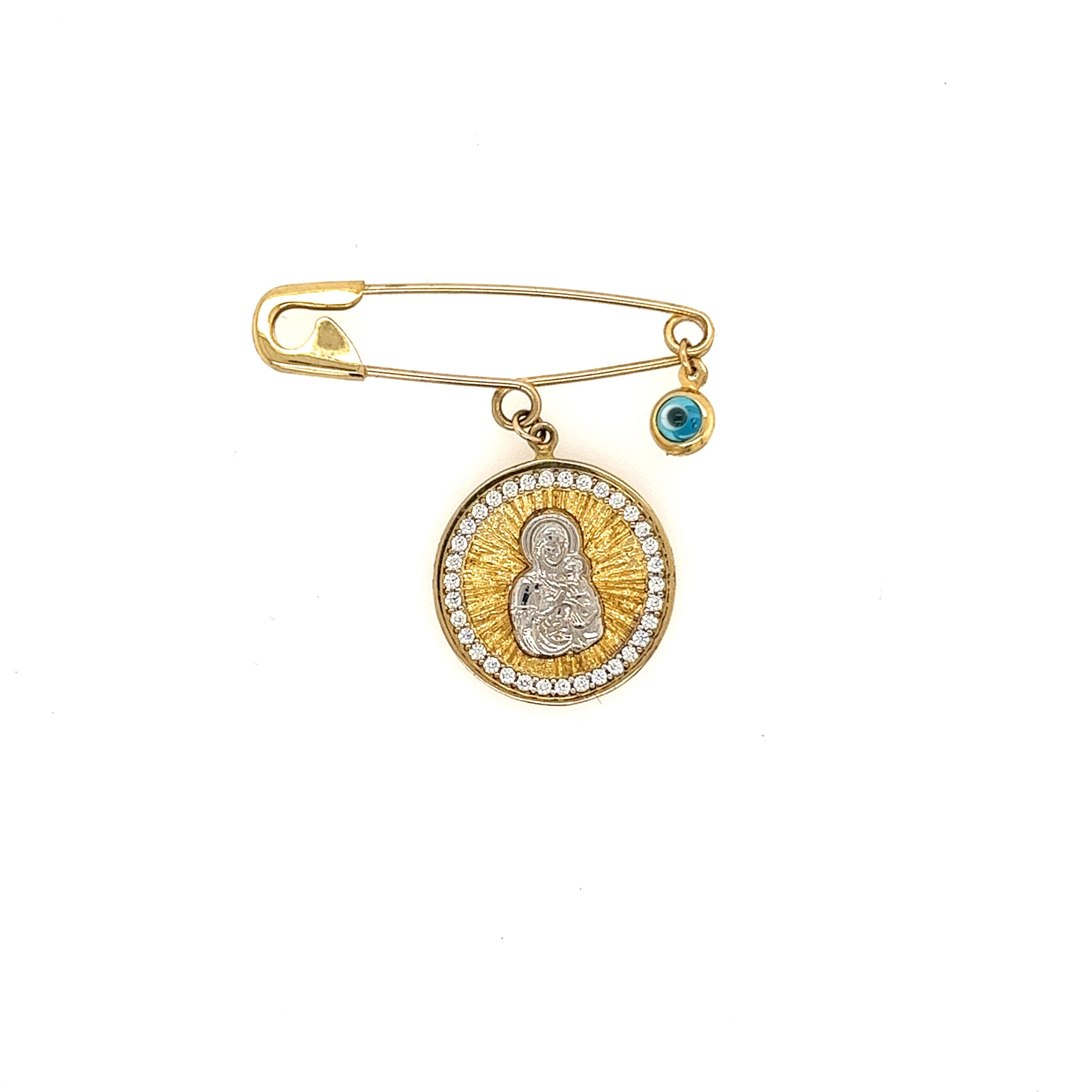 9ct Yellow Gold Baby Pin with Madonna Medallion & Evil Eye Charms ...